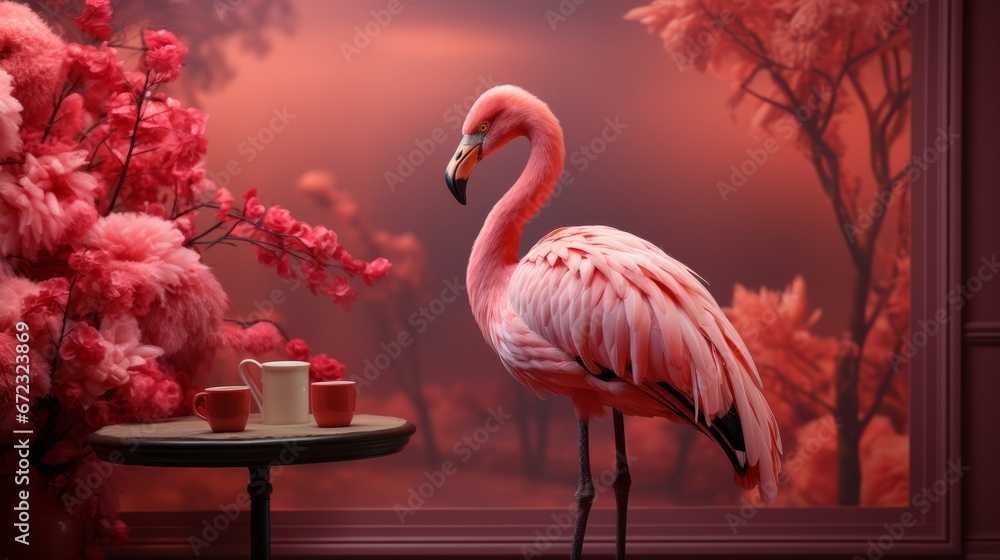 A majestic pink flamingo graces an outdoor scene, standing tall next to ...