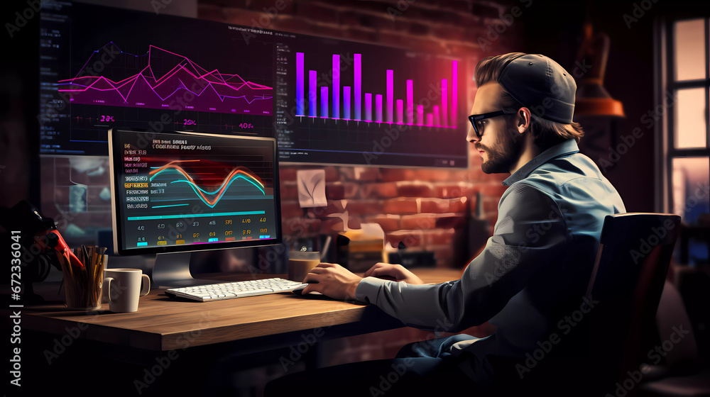 a man sitting at a computer with a monitor and keyboard in front of him ...