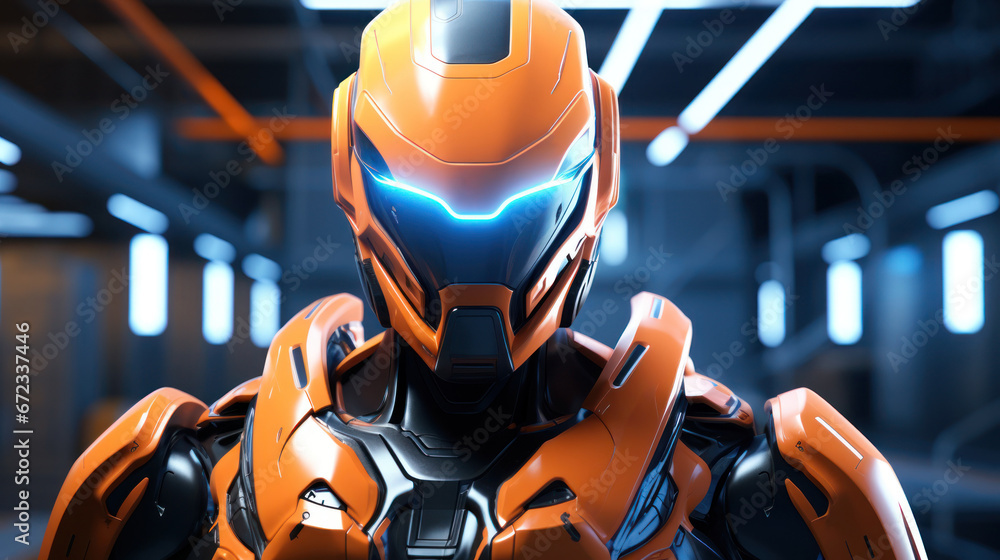 Combat robot in military metal armor. Futuristic cyborg security guard ...