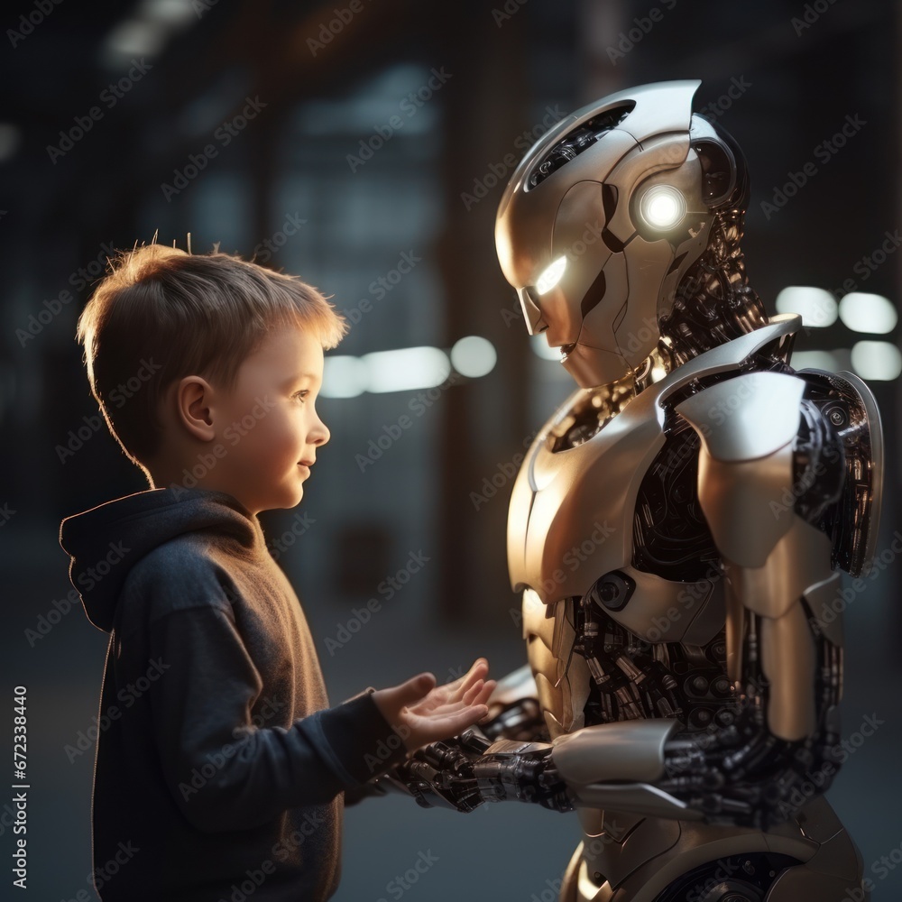 Communication between a child and his robot friend. Cyborg teacher with ...