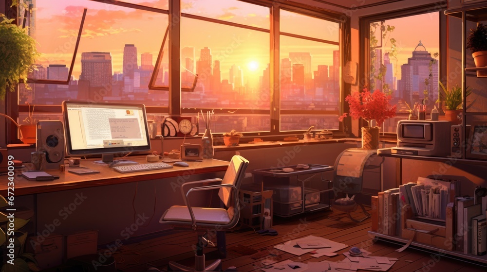 Workspace with large windows offering panoramic views of urban sunset ...