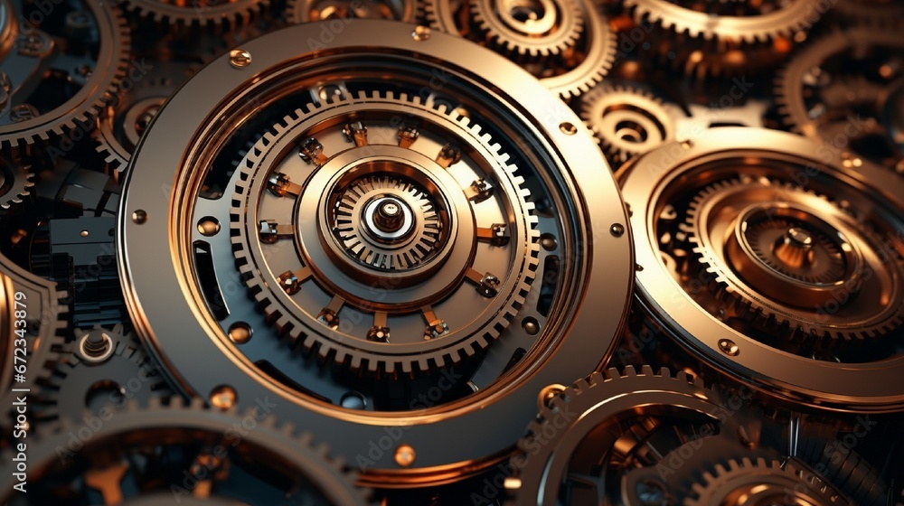 A series of concentric circles composed of interlocking metallic gears ...