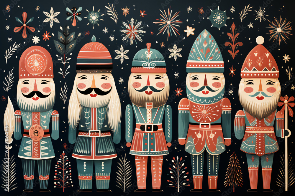 Lineup of nutcrackers under starry sky Stock Illustration | Adobe Stock