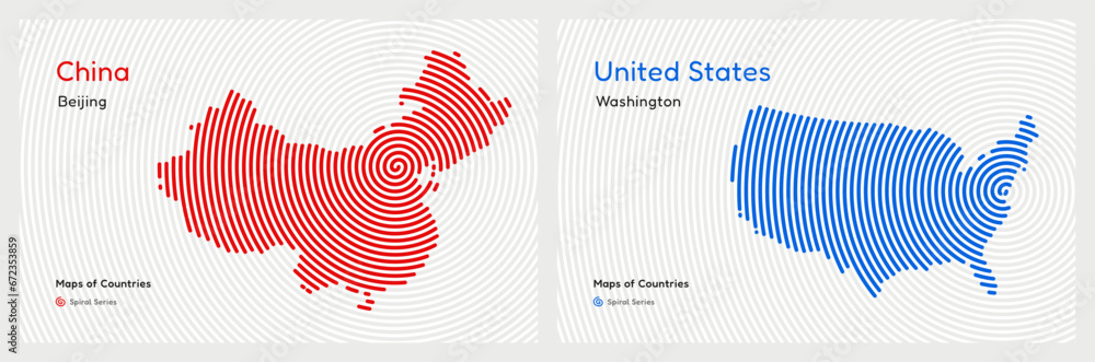 Two maps of China, USA. Political map. Washington DC, Beijing. Capital ...
