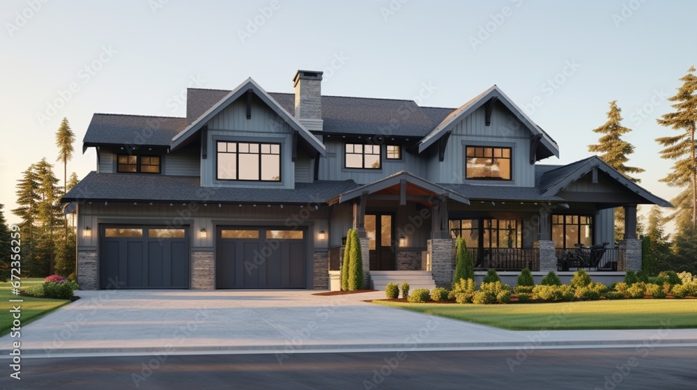 The side view of a large gray craftsman new construction house with a ...