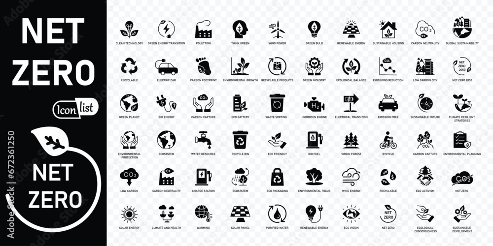 Net zero icon set .Green energy, CO2 neutral, gas emissions, climate ...