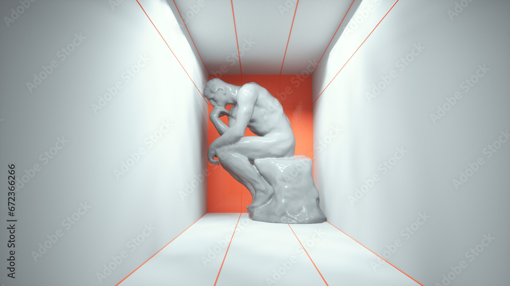 Statue of thoughtful man sitting down in a room. Confusion and ...