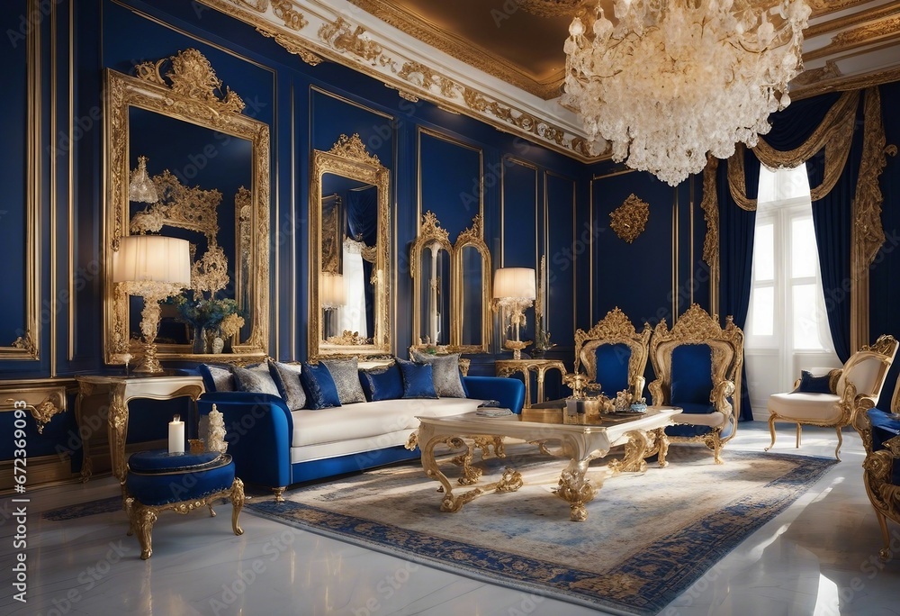 Royal blue gold and ivory color palette living room interior design ...