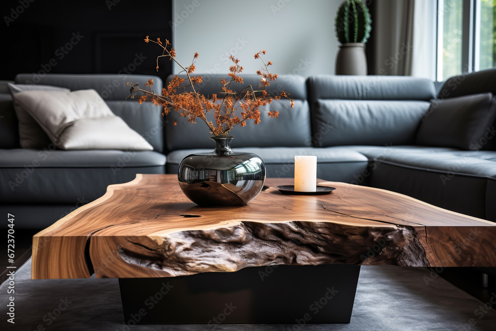 Exclusive luxury table made of natural slab of expensive wood close-up ...