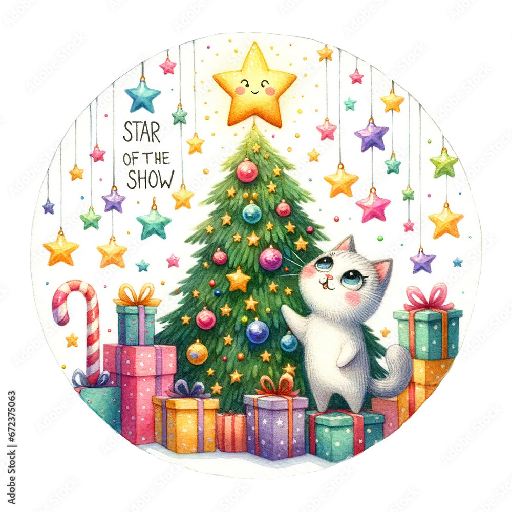 Charming kitten marveling at decorated Christmas tree, with shining ...