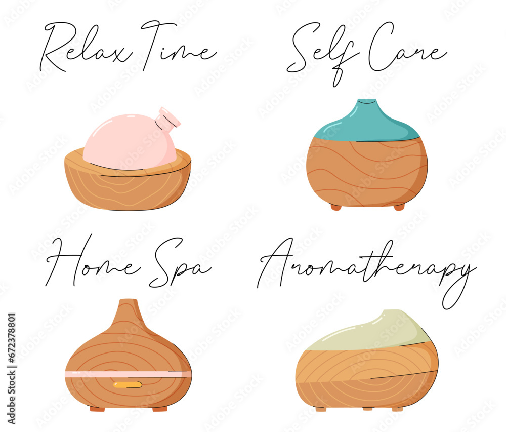 Electric aroma diffusers of different designs. Healthy lifestyle, self ...