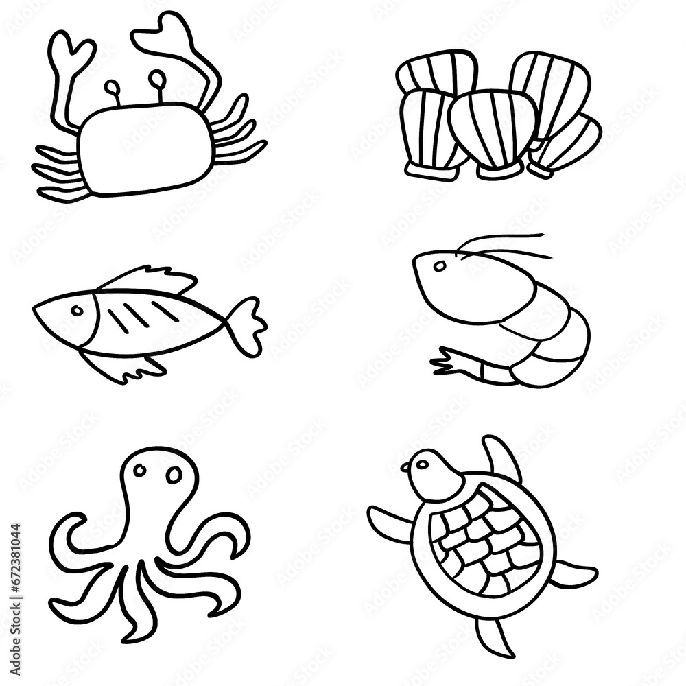 Hand drawn sea animals on a white background : crab, fish, clam ...