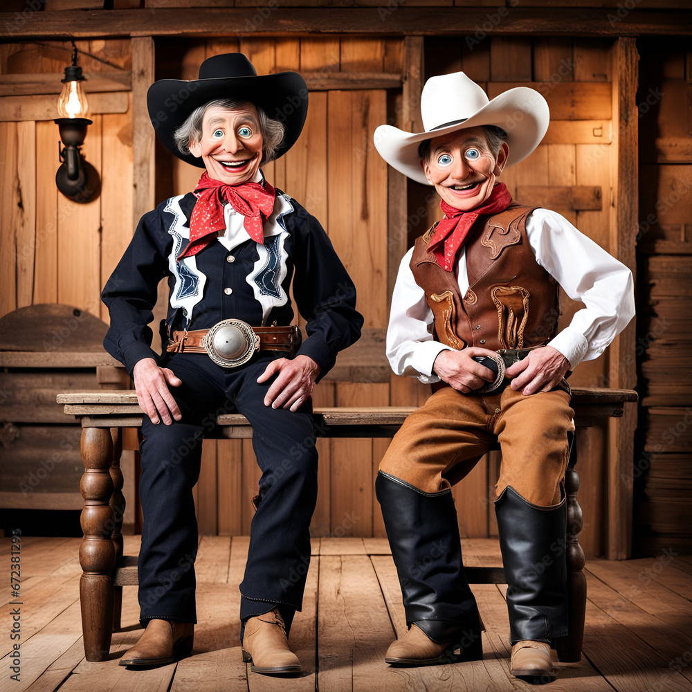 Dummy cowboys in bunk house setting with silly expressions. Stock ...