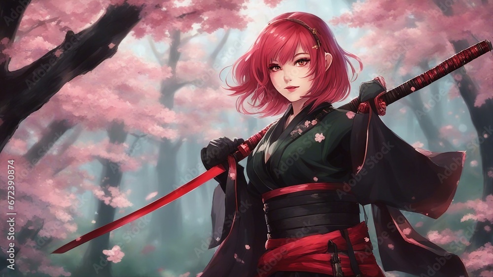 anime woman with sword A beautiful anime girl with short pink hair ...