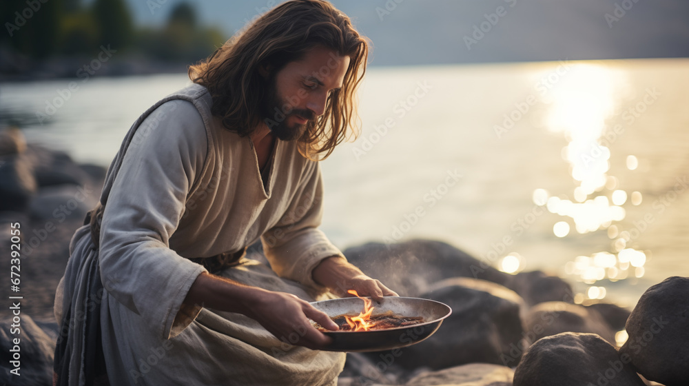 Jesus cooking fish for the disciples on the shore of the Sea of Galilee ...