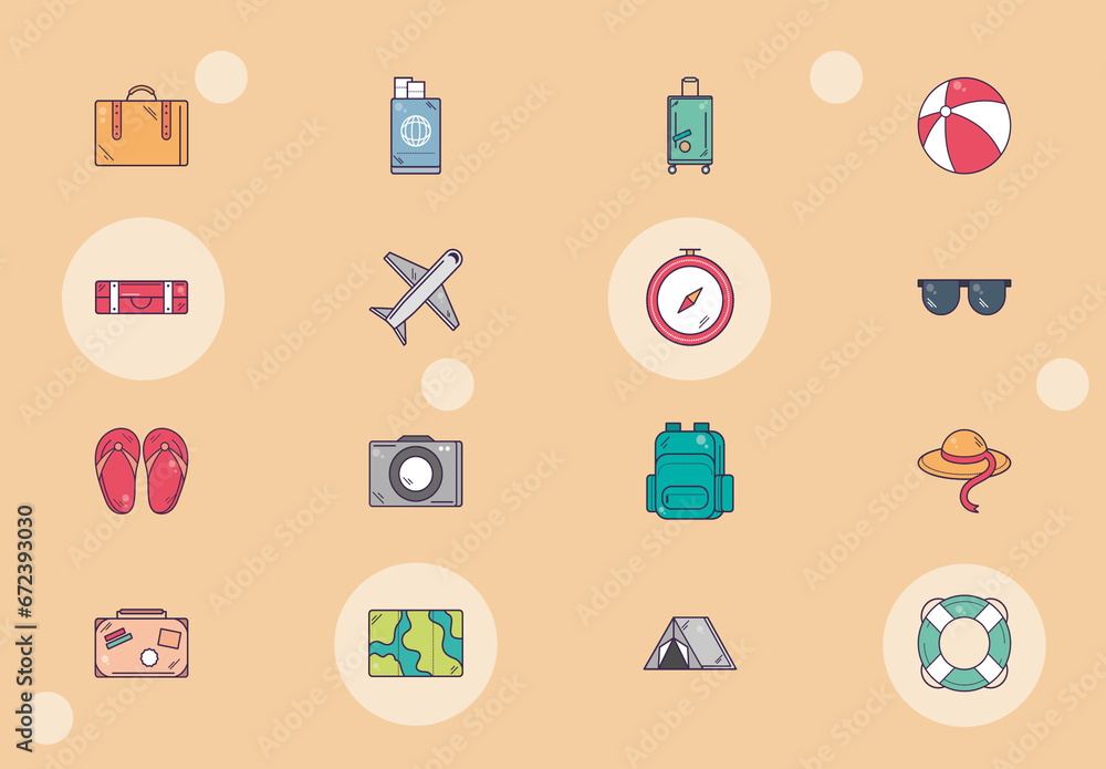 Trip and Travel Draw Icon Set Stock Template | Adobe Stock