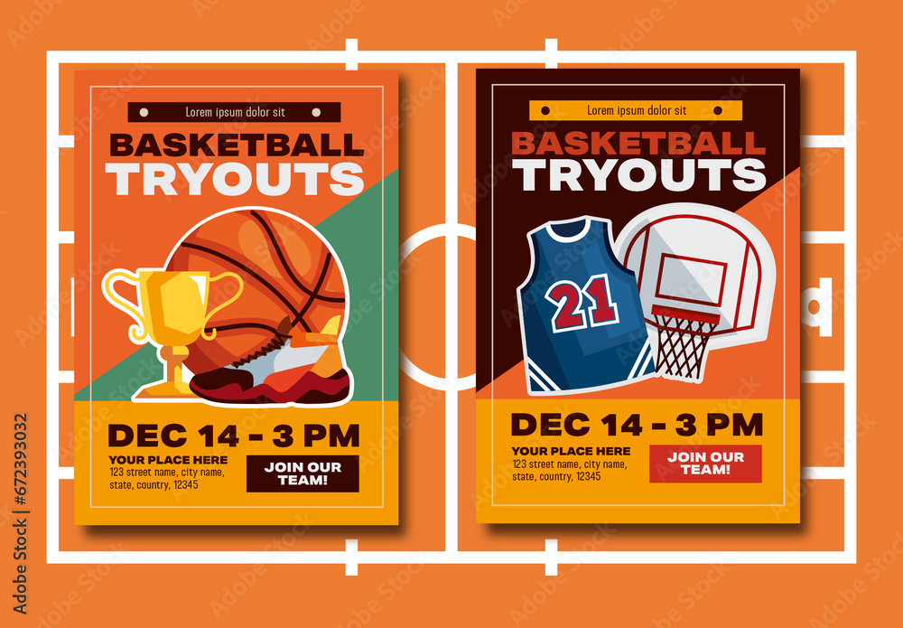 Orange and Green Basketball Tryouts Poster Layout Stock Template ...