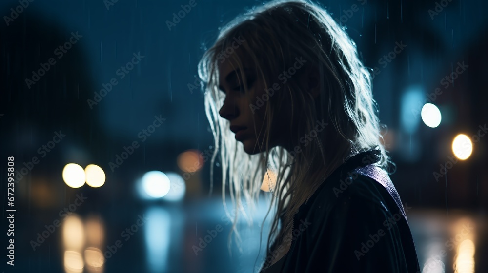 silhouette shot of a gorgeous teen standing in the rain in an empty ...