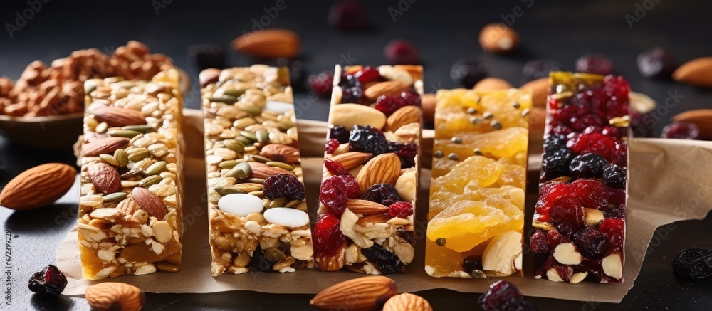 Different types of granola bars placed on a table in the background ...