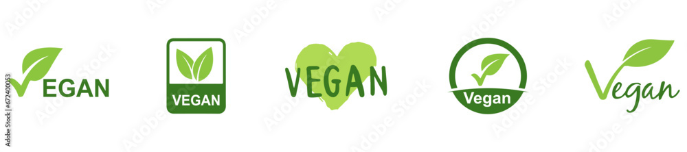 Vegan round icons set. Vegan food sign with leaves. Logo. Tag for cafe ...