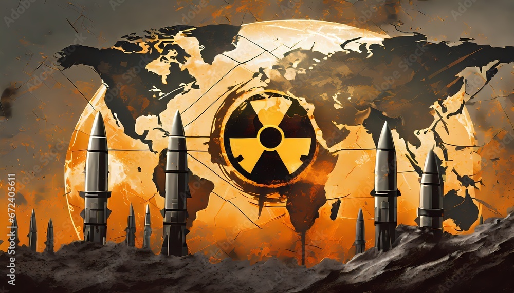 World map with all continents. Radioactive hazard symbol. Planetary ...