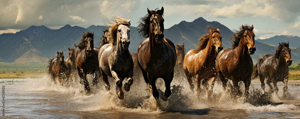 AI generated illustration of horses galloping side by side through a ...