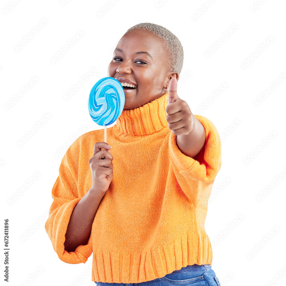 Lollipop, thumbs up and portrait of black woman with candy in studio ...