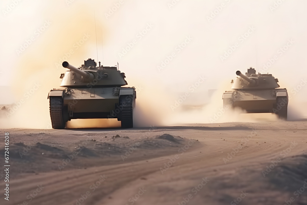 Group of main battle tanks with a city on fire on the background. One ...