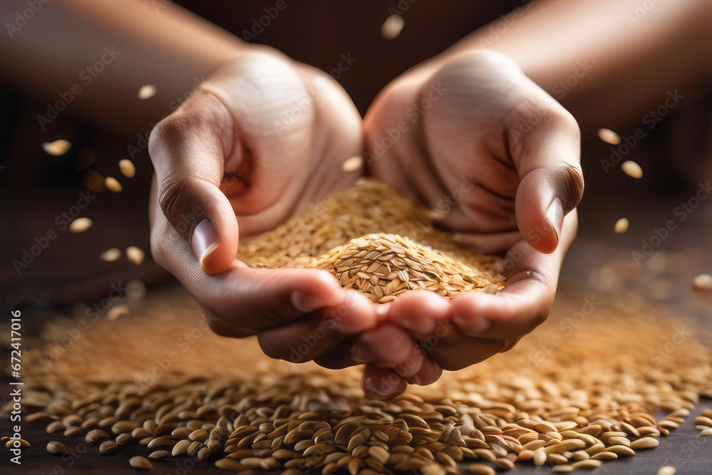 Oat grains close-up in the palm of hand, agroculture and land crop ...