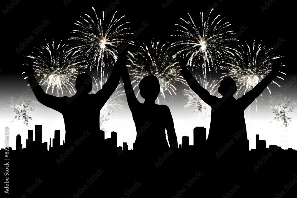 Group of people enjoying spectacular fireworks show in a carnival or ...