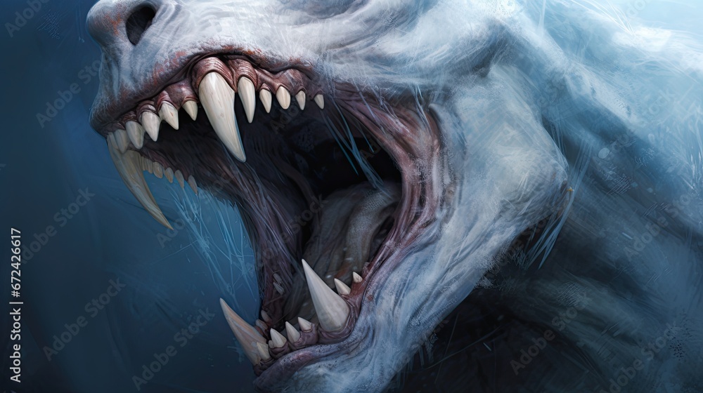 A terrifying creature with a creepy grin. An invented image for a work ...