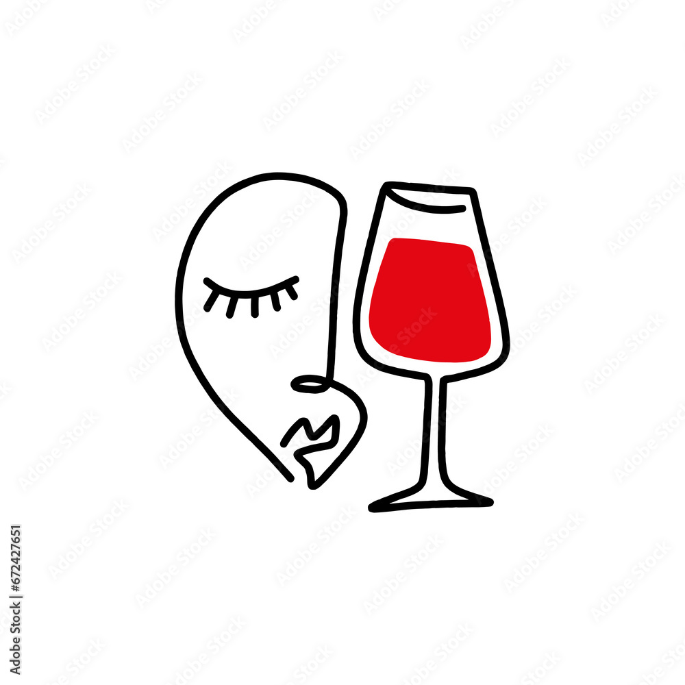 Alcohol one line minimalistic brush grunge abstract face with red wine ...