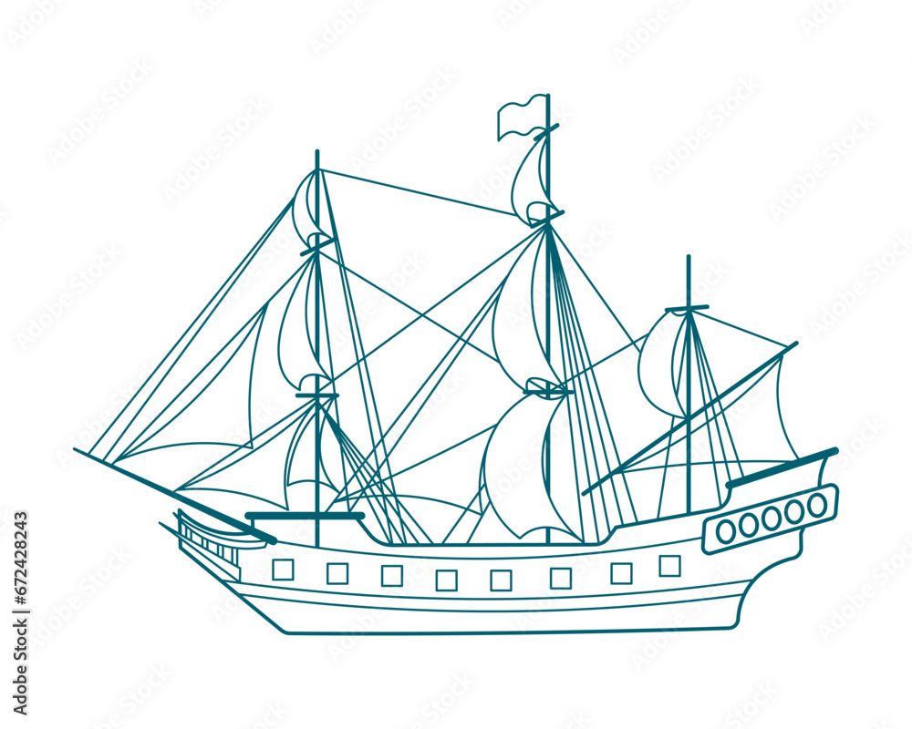 Blue line drawing of sea ship, frigate, caravel. Detail drawing ...
