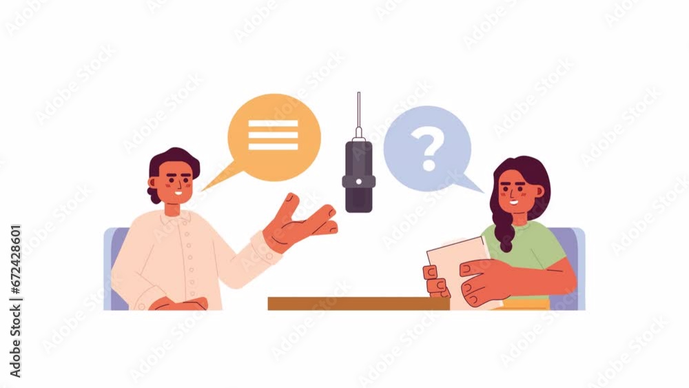 Female podcast host interviewing guest man 2D characters animation ...