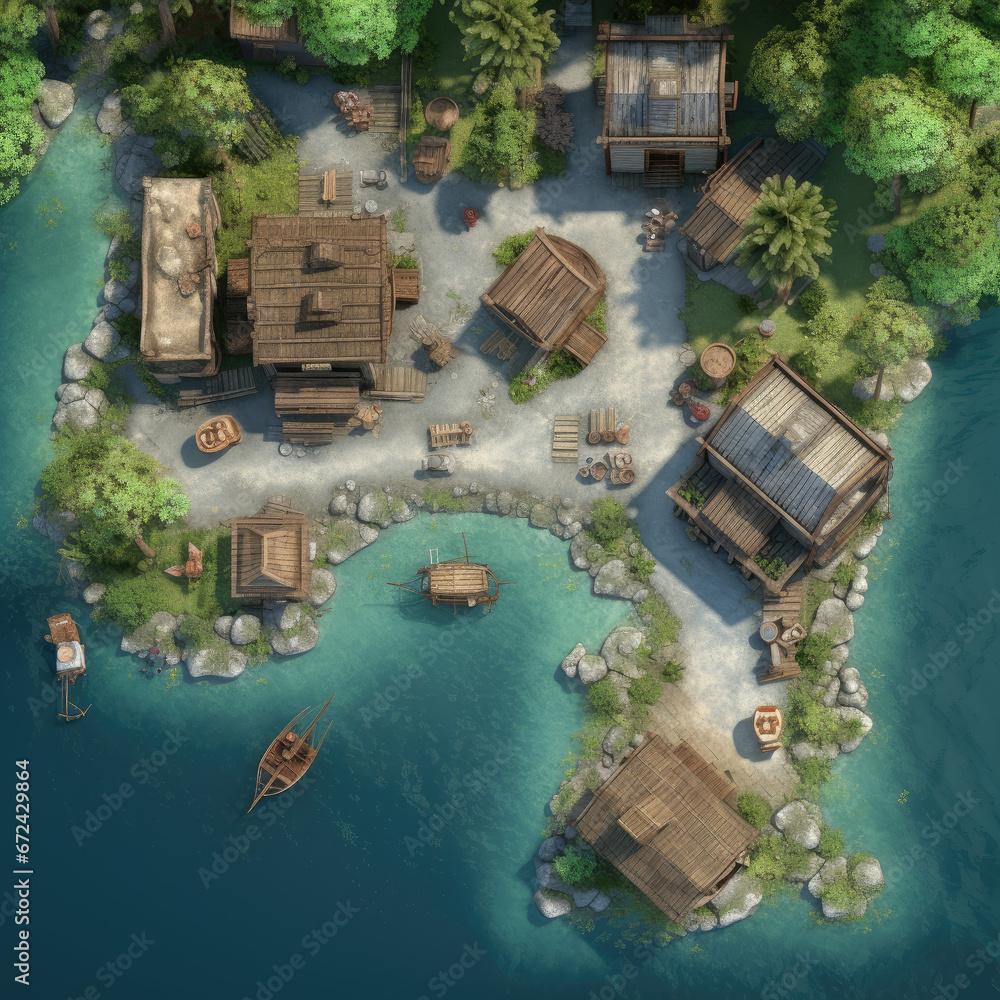 rpg map asset cartography lake fishing village medieval landscape top ...