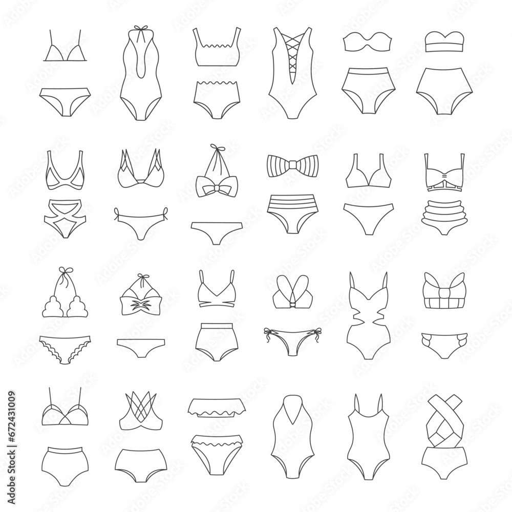 Set of line drawings of women's swimwear, swimsuits bikini on a white ...