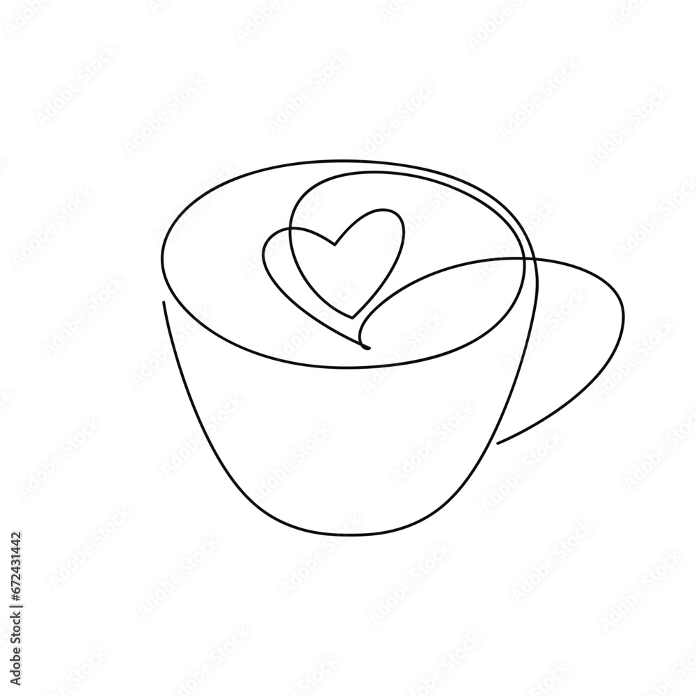 Heart latte art coffee cup. One line continuous drawing. Graphic ...