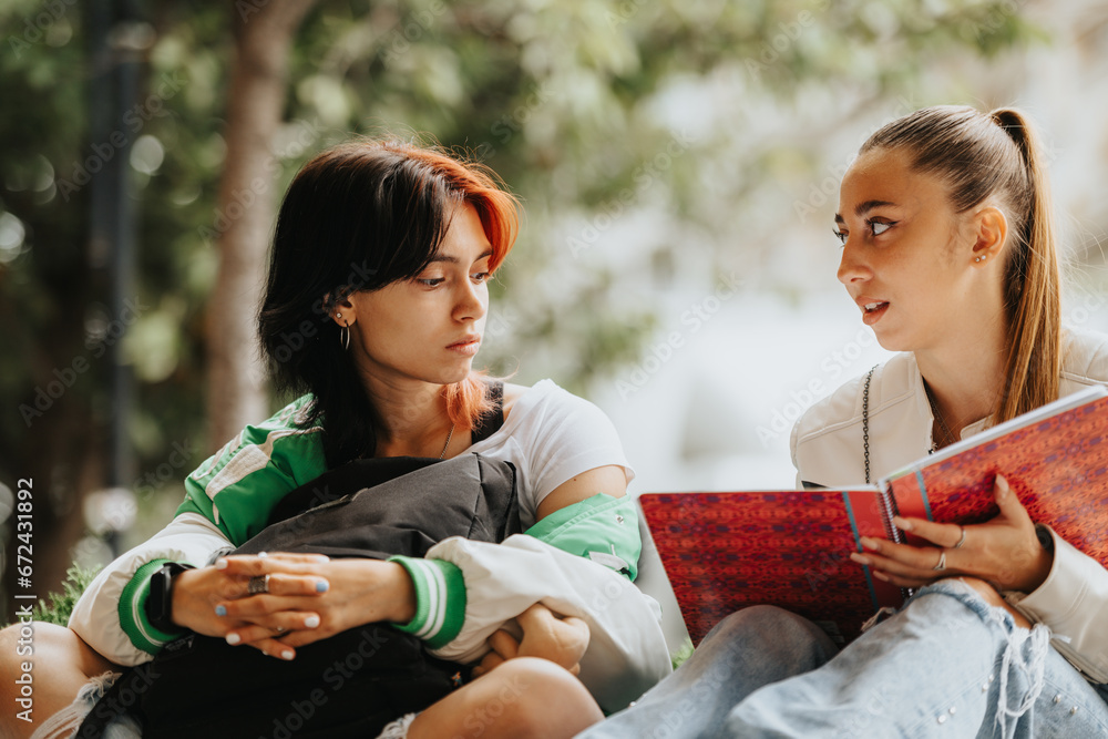 Two high school girls studying outdoors, discussing and helping each ...