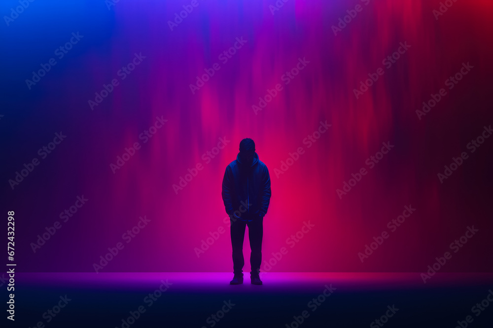 Lone person in night club manifesting emotional void isolated on a ...