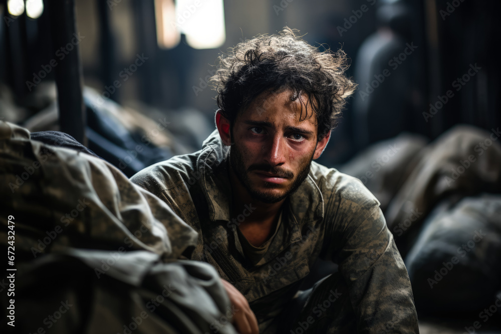 Traumatized soldier alone in barracks showcasing visible signs of ...