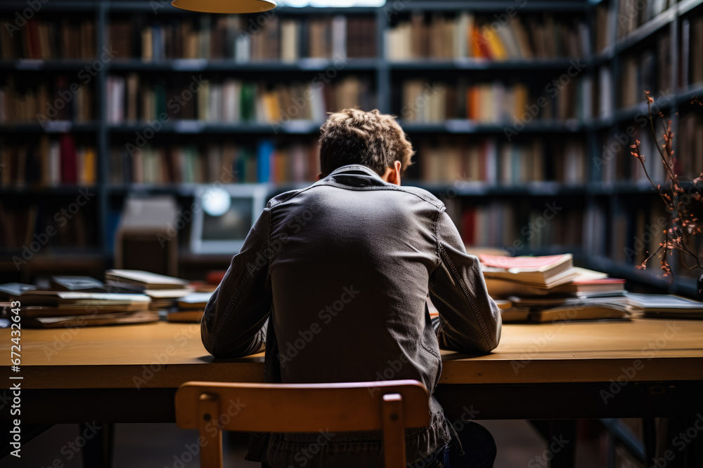University student alone in library showing signs of stress background ...