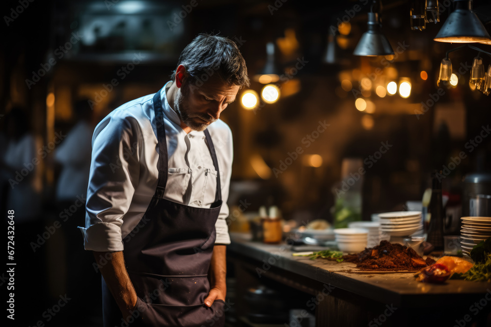 Chef in distress in dimly lit restaurant kitchen background with empty ...