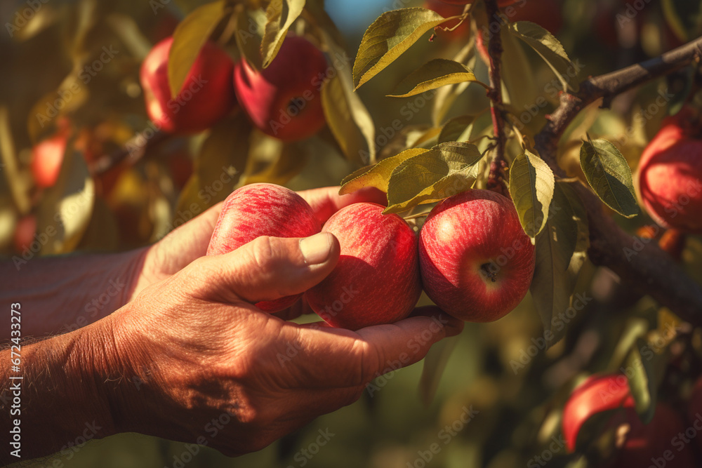 Hand picks an apple from a tree, fruit and garden, illustration ...