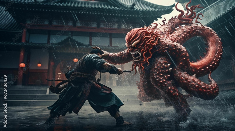 AI generated illustration of a samurai fighting with a fantasy octopus ...