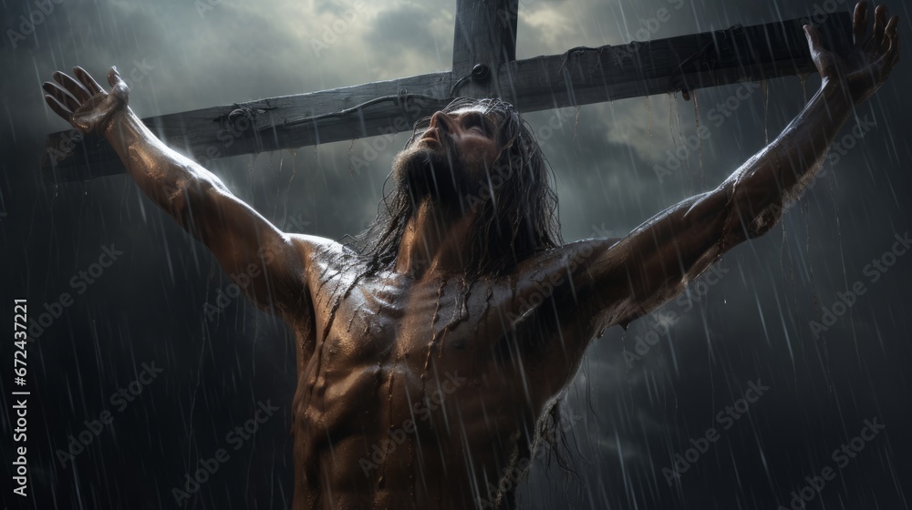 jesus on the cross, raining, storm, copy space, 16:9 Stock Illustration ...