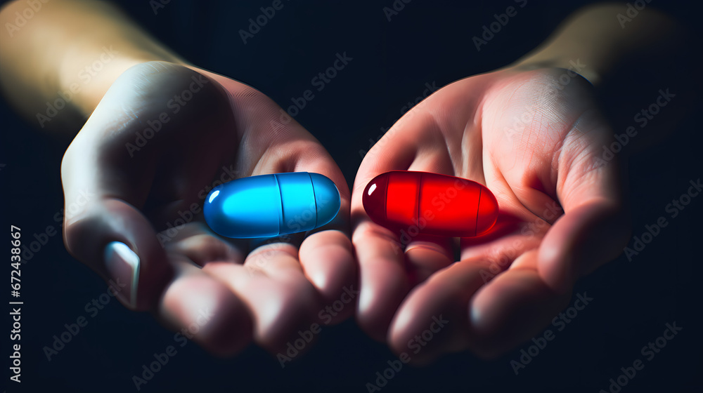 Red Pill, Blue Pill Dilemma, technology background, concept for banner ...