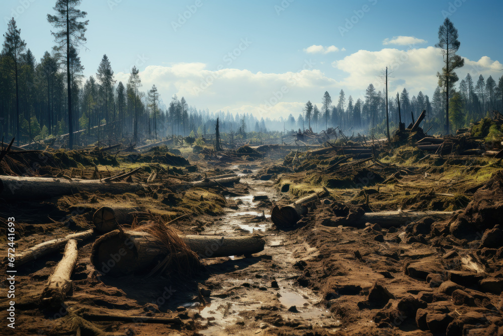 A deforested landscape with tree stumps and cleared land, illustrating ...