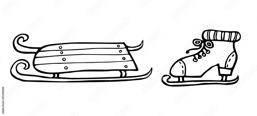 Doodle sleds and skates. Simple line drawing of winter sport objects ...