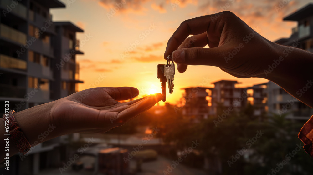 Handover of keys between two individuals against the backdrop of modern ...