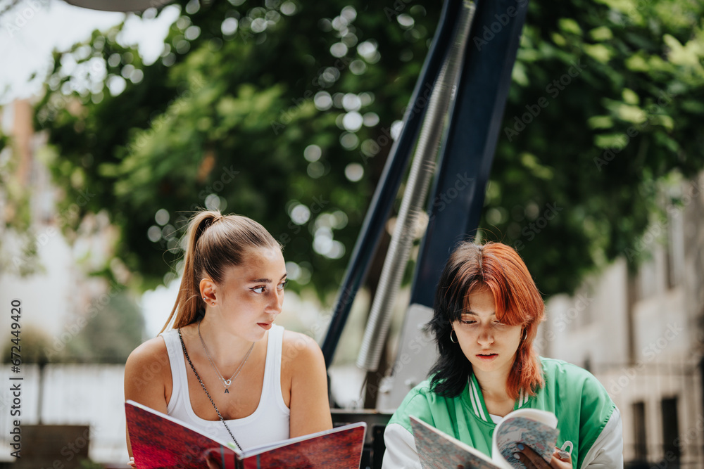 Casually dressed high school girls studying outdoors, discussing a ...